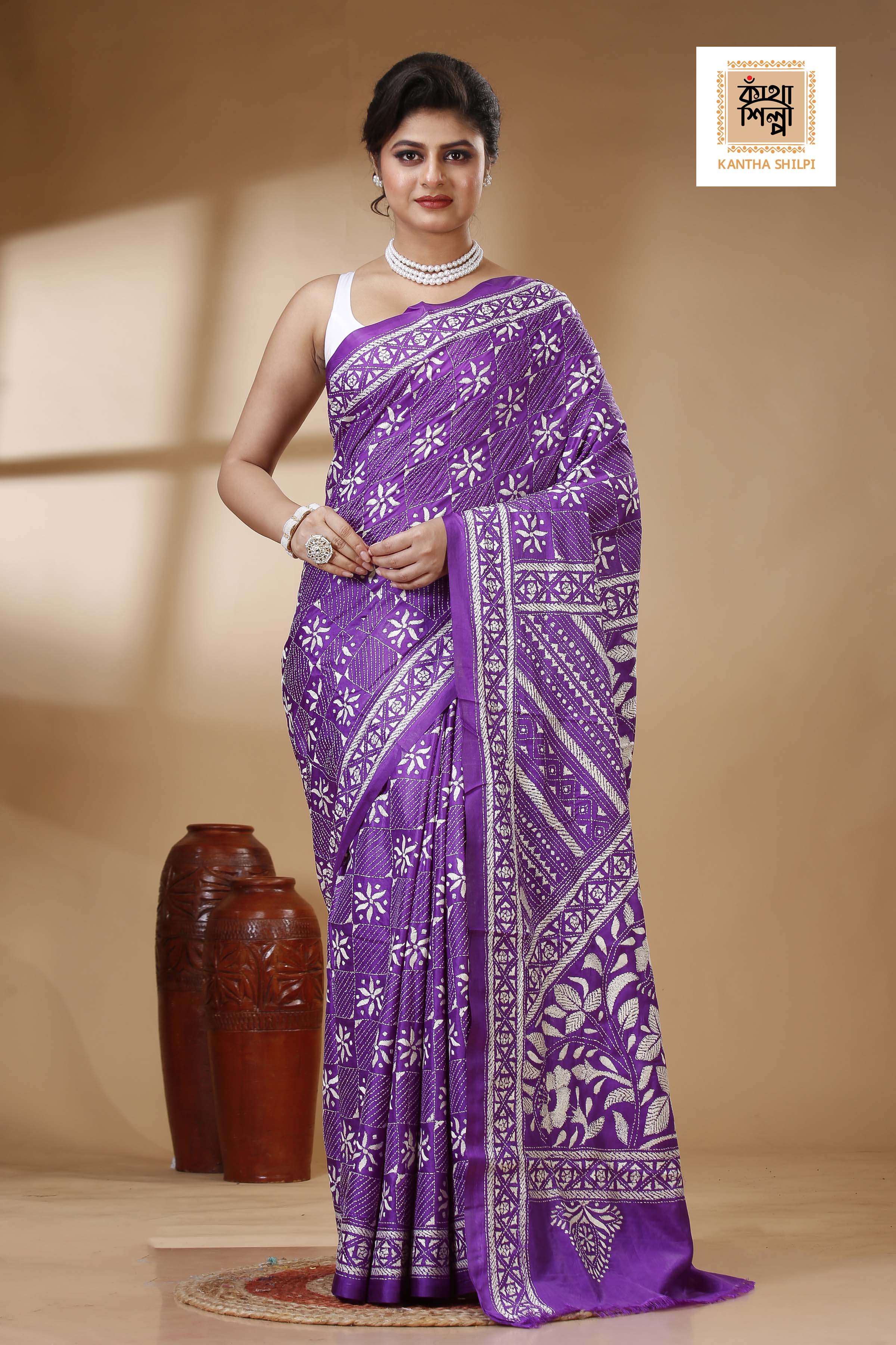 Orchid Color Bangalore Silk White color Thread Work Kantha Stitch Sare ...